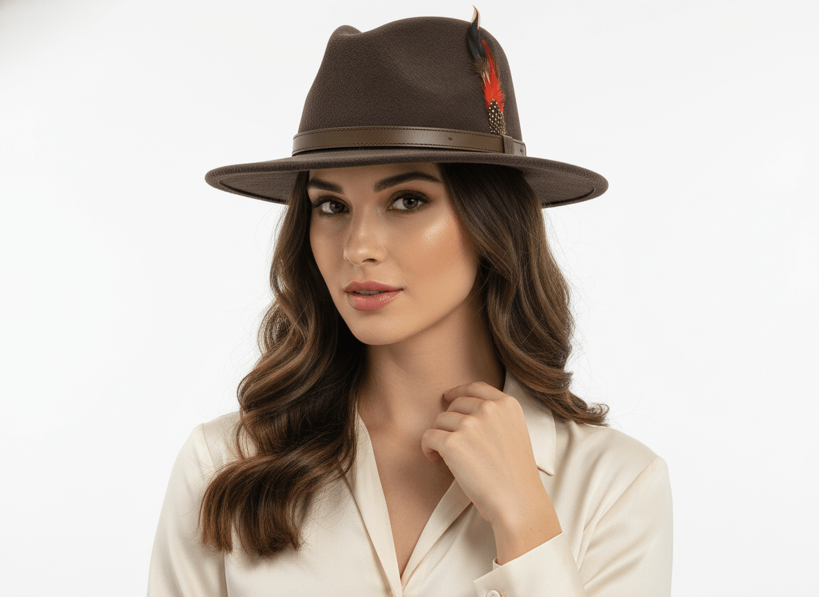 Brown Handmade Wool Felt Fedora Hat Leather Band